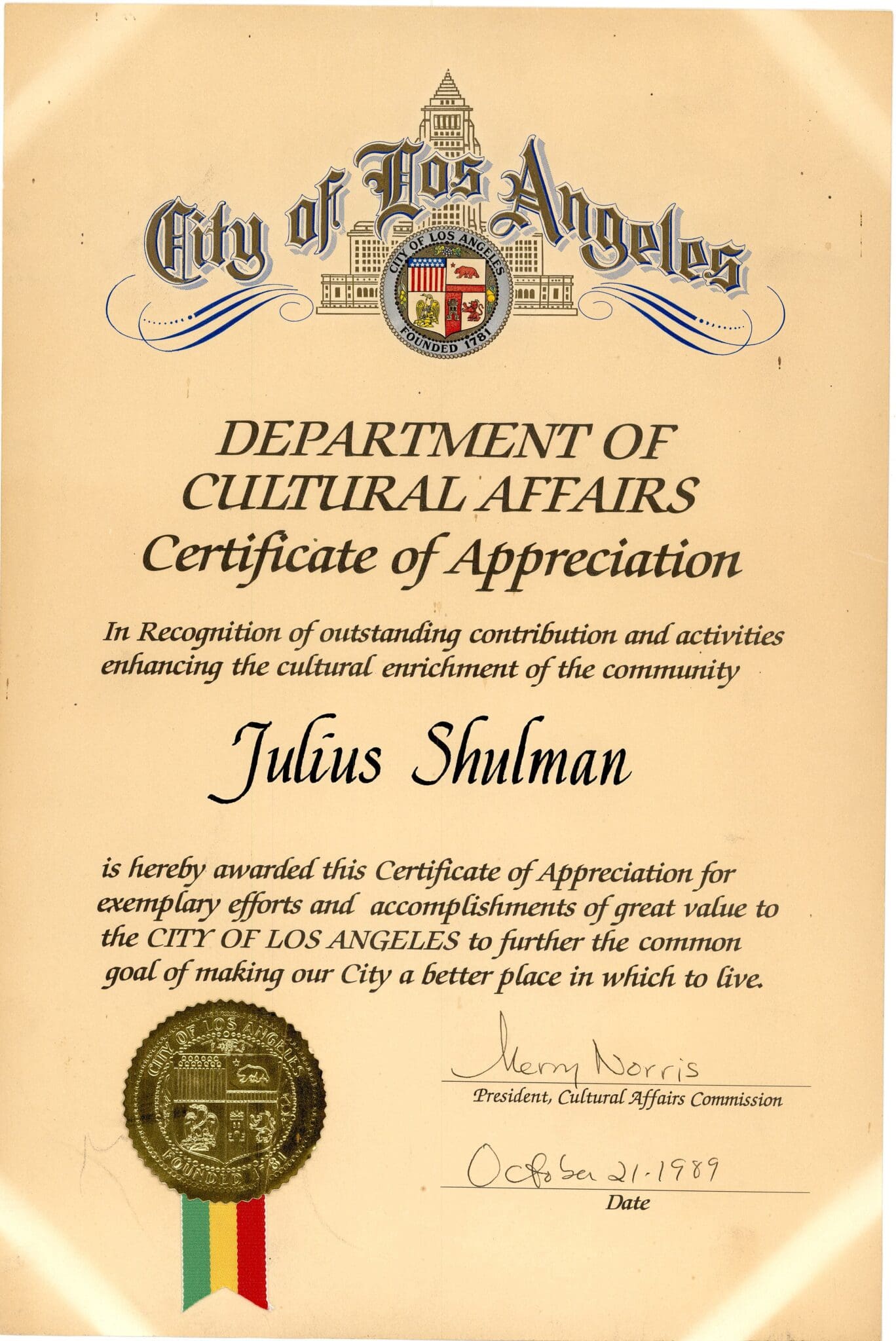 Julius Shulman - Award. "Los Angeles Mayor's Certificate of ...